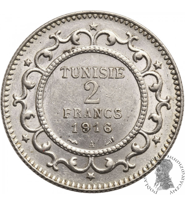 Tunisia, 2 Francs AH 1334 / 1916 AD - French Protectorate (Muhammad al-Nasir Bey)