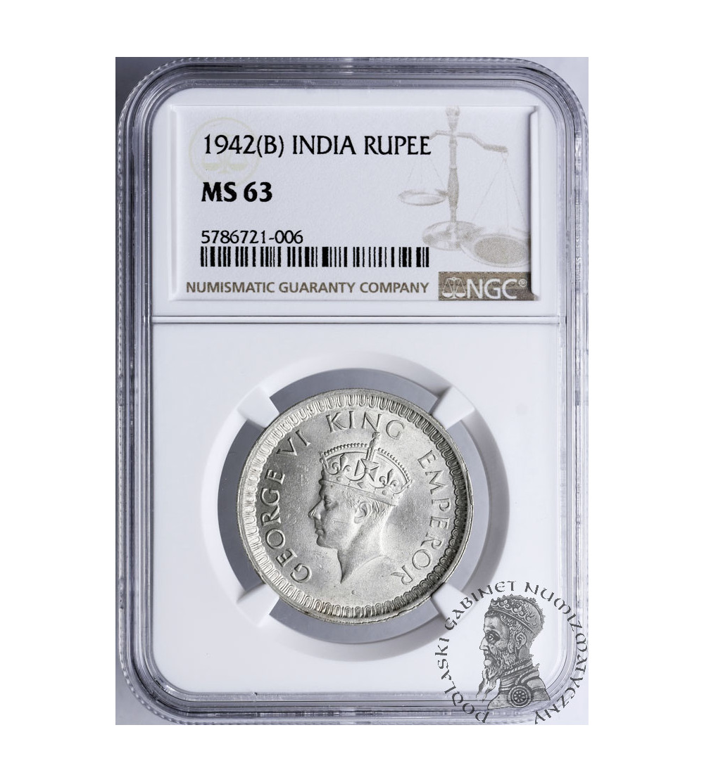 Indie Brytyjskie, 1 rupia 1942 (B), Jerzy VI - NGC MS 63