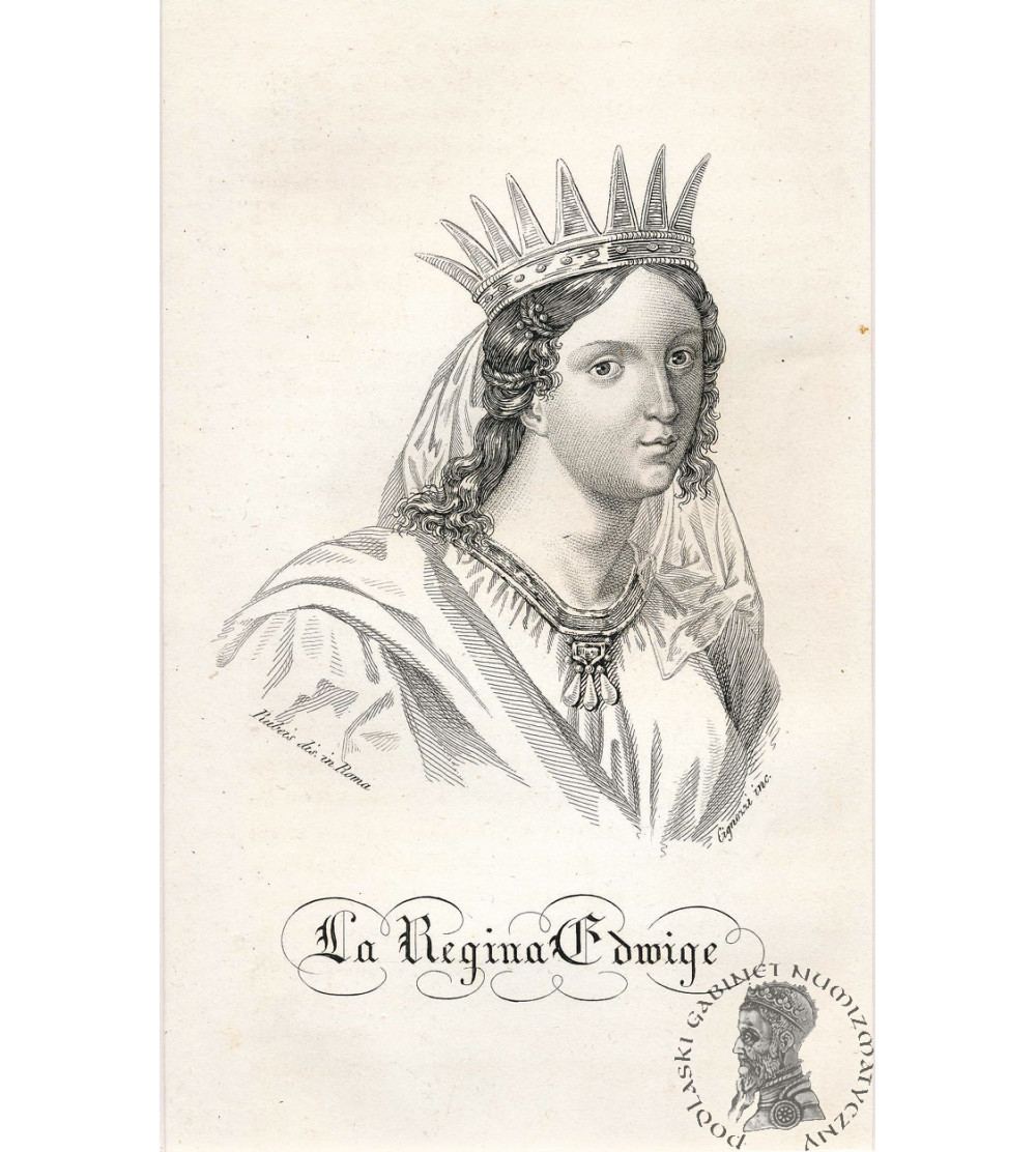 St. Hedwig of Anjou, Queen of Poland, portrait, steel engraving 19th ...